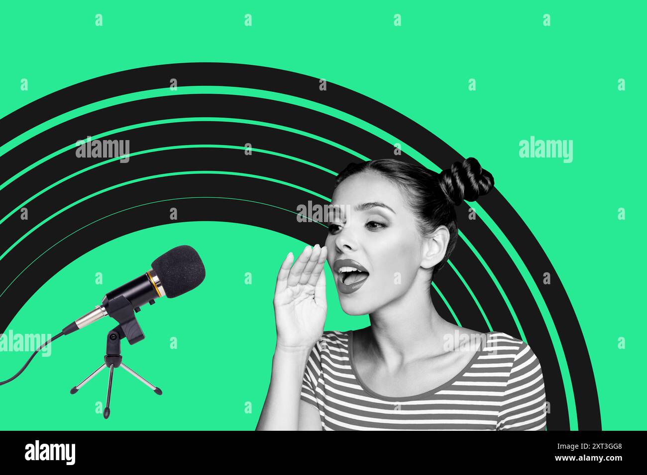 Composite photo collage of pretty girl talk mic device podcast speaker ...