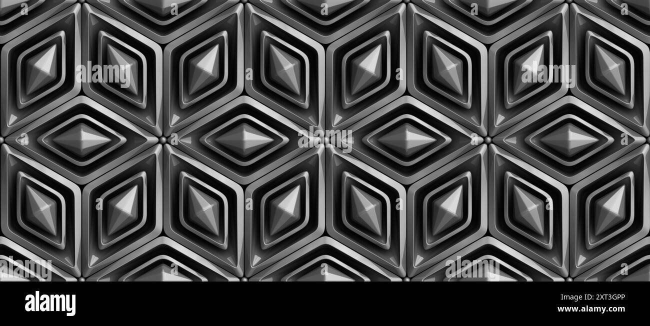 This seamless black and white 3D geometric pattern features a complex ...