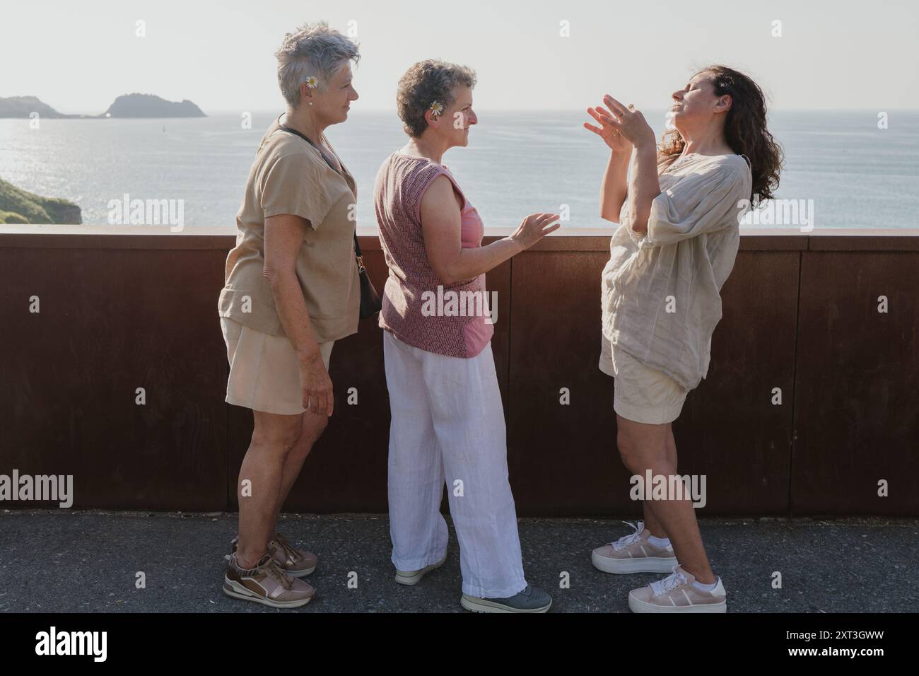 Three elderly women communicate in sign language, enjoying a sunny day ...