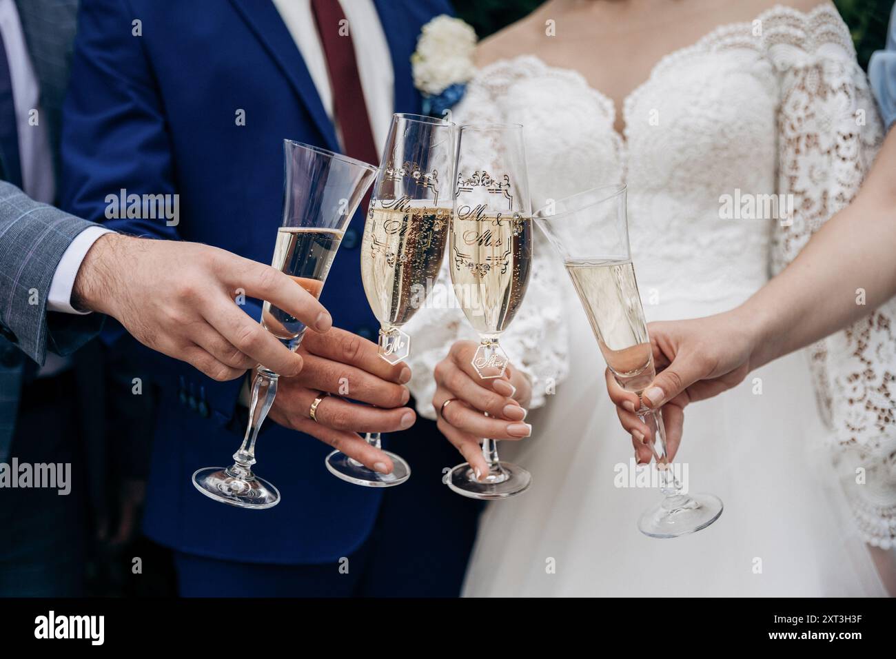 Wedding toast celebration with champagne glasses. Elegant bride and ...