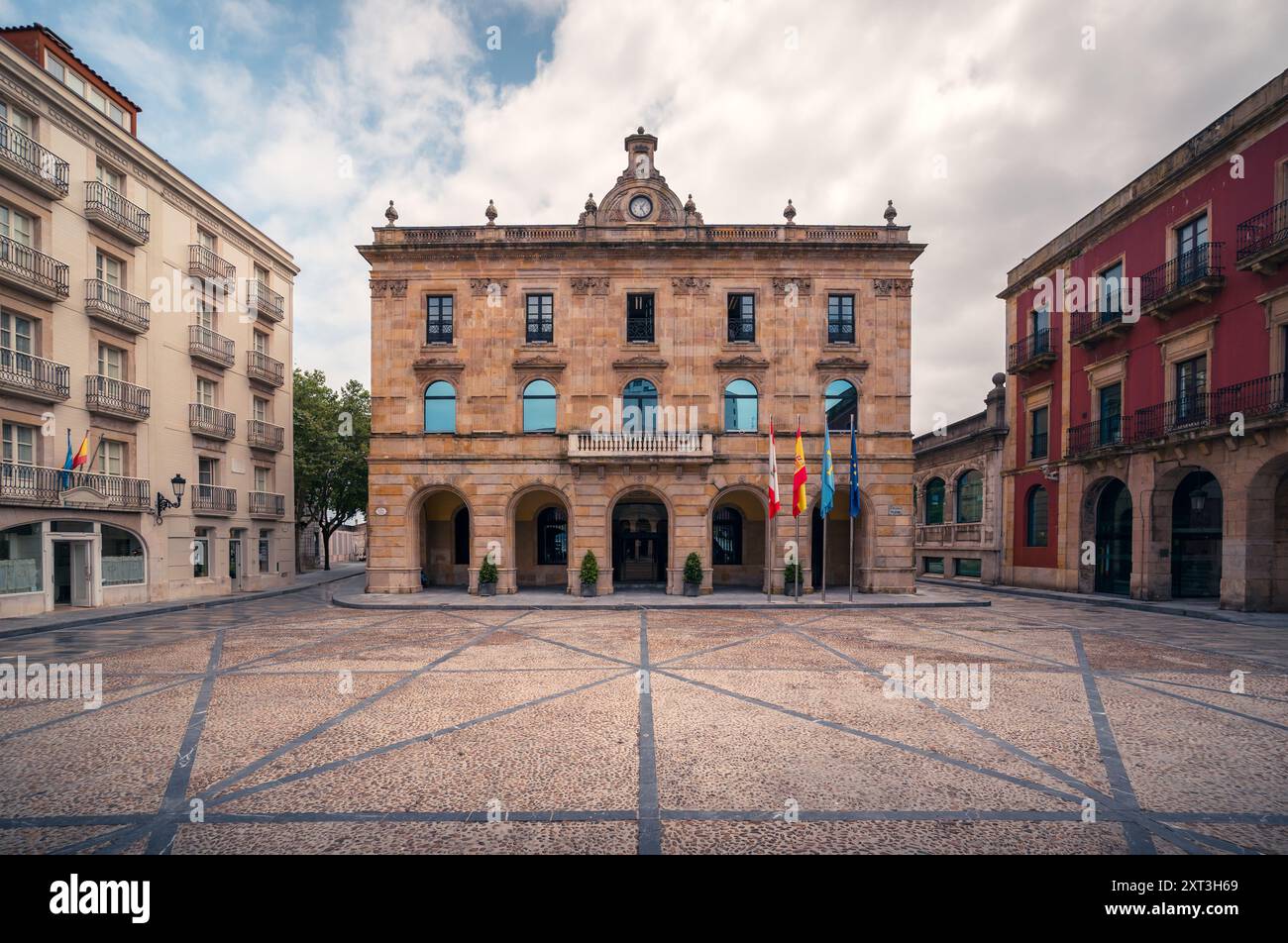 Classic architecture of a historical town hall decorated with Spanish ...