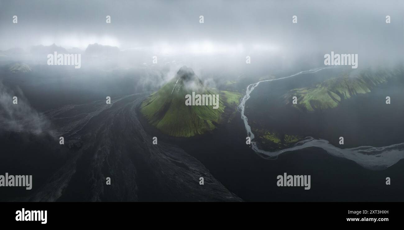 An aerial shot captures the striking Maelifell Volcano surrounded by ...