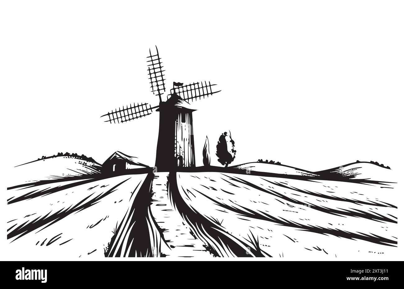 Wheat field and windmill sketch. Farm landscape vintage vector ...