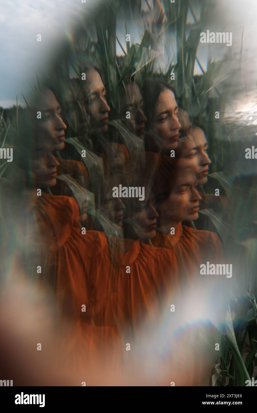 Portrait of a brunette woman in multiple exposures amongst tall field ...