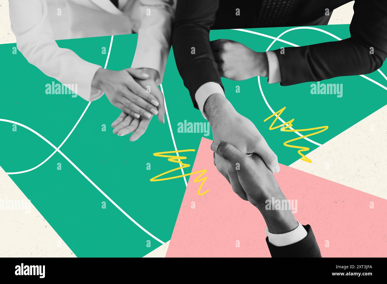 Creative abstract template collage of deal shake hands colleagues ...