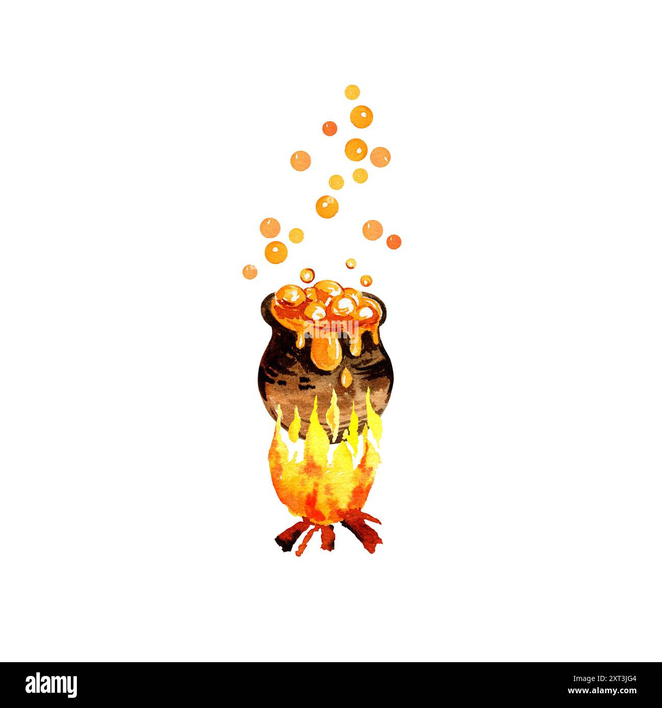 watercolor full pot bubbling with orange bubbles on fire, hand drawn ...