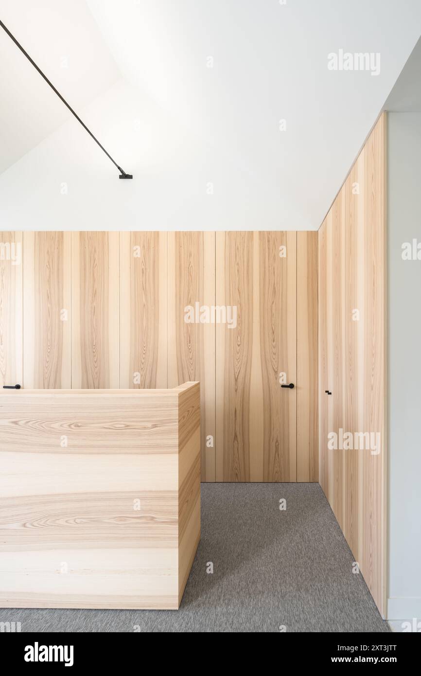 A dental clinic interior showcasing a reception desk crafted from light ...