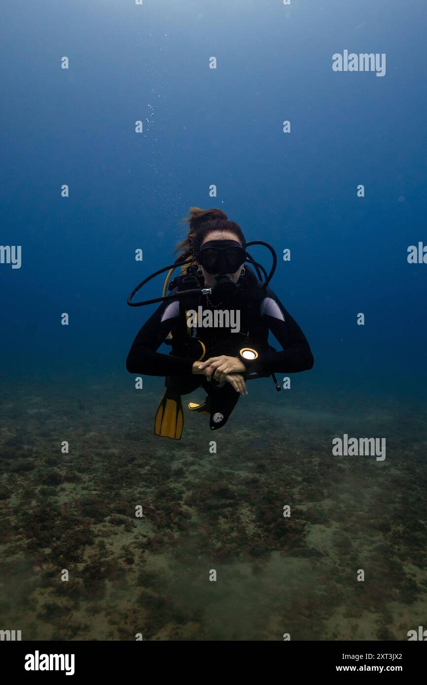A female diver, equipped with a scuba suit, dives in clear blue waters ...