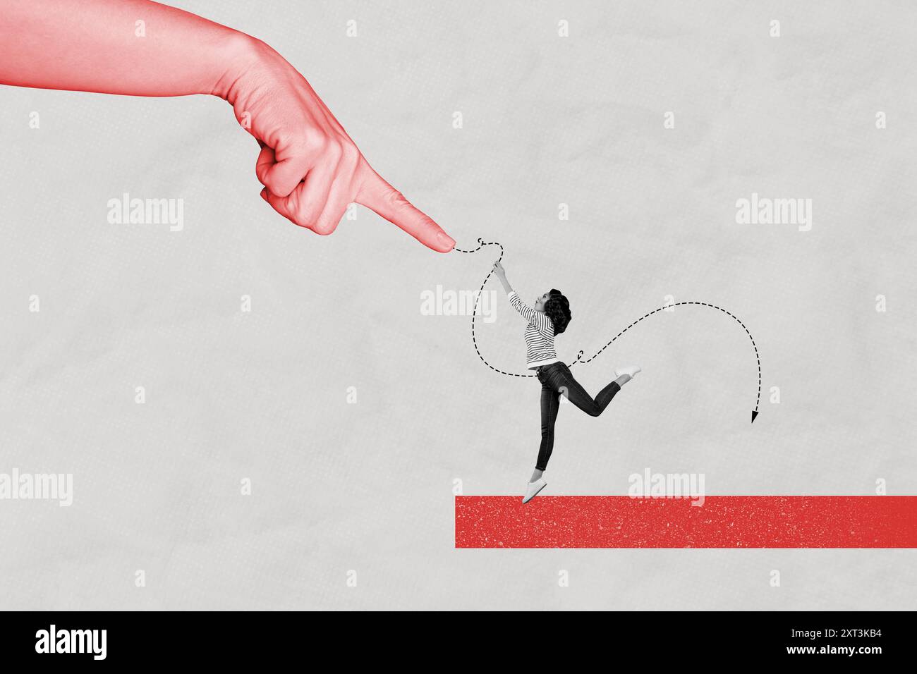 Creative photo collage young woman reach touch finger gesture pointing ...