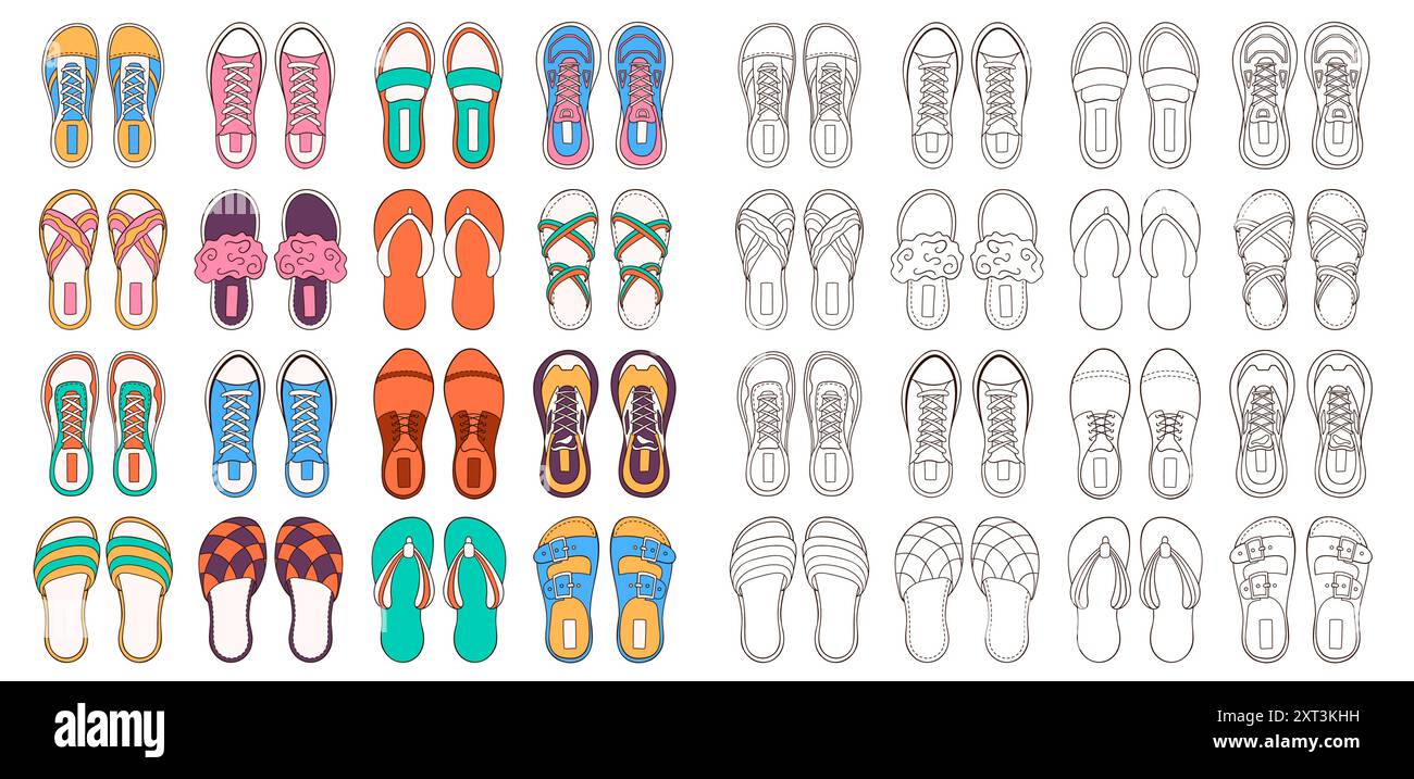 Vibrant and colorful flip flops, shoes, sneakers collection. Footwear set design in line art ...