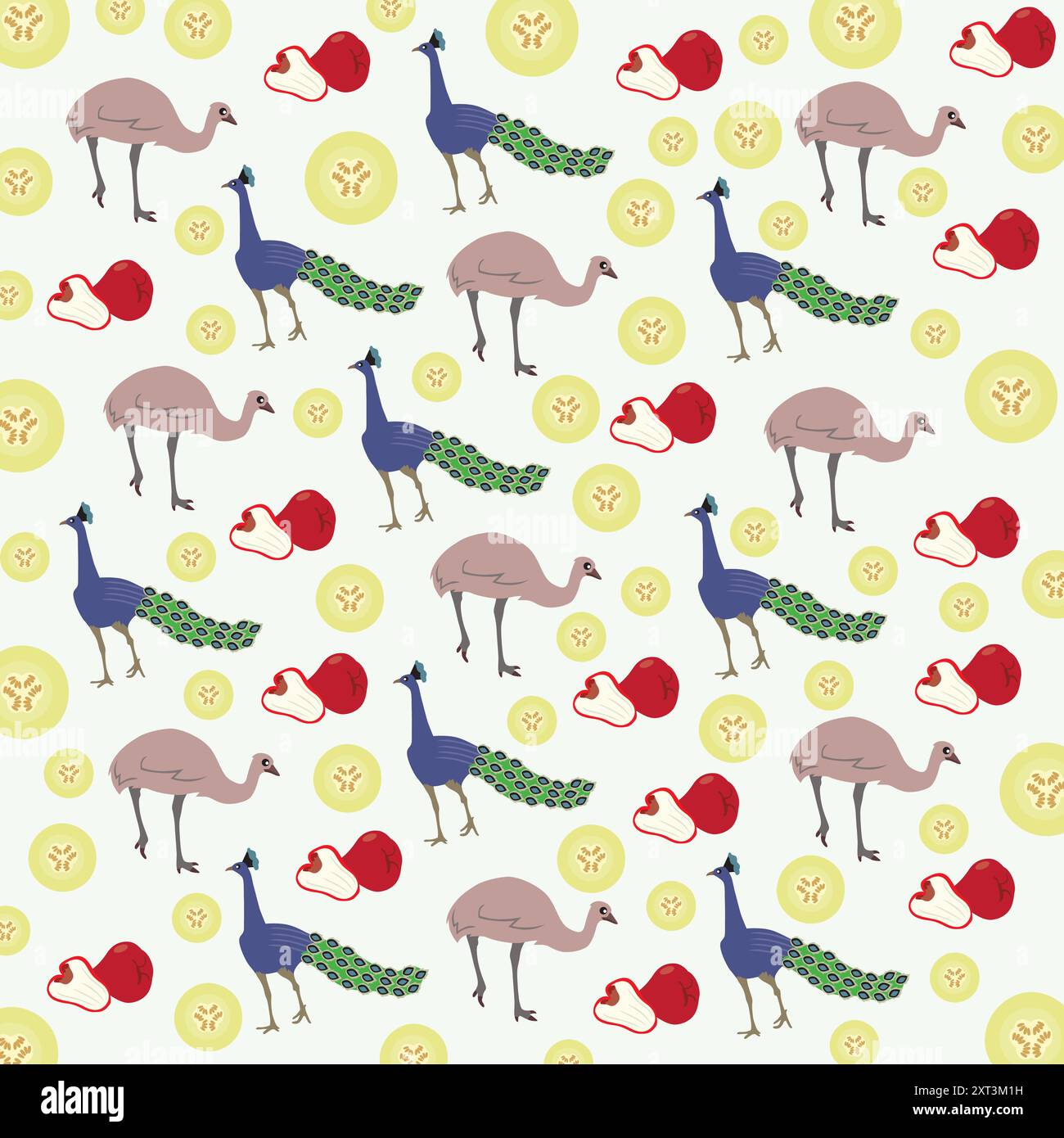 cute peacock, emu with fruit as a pattern background Stock Vector Image ...