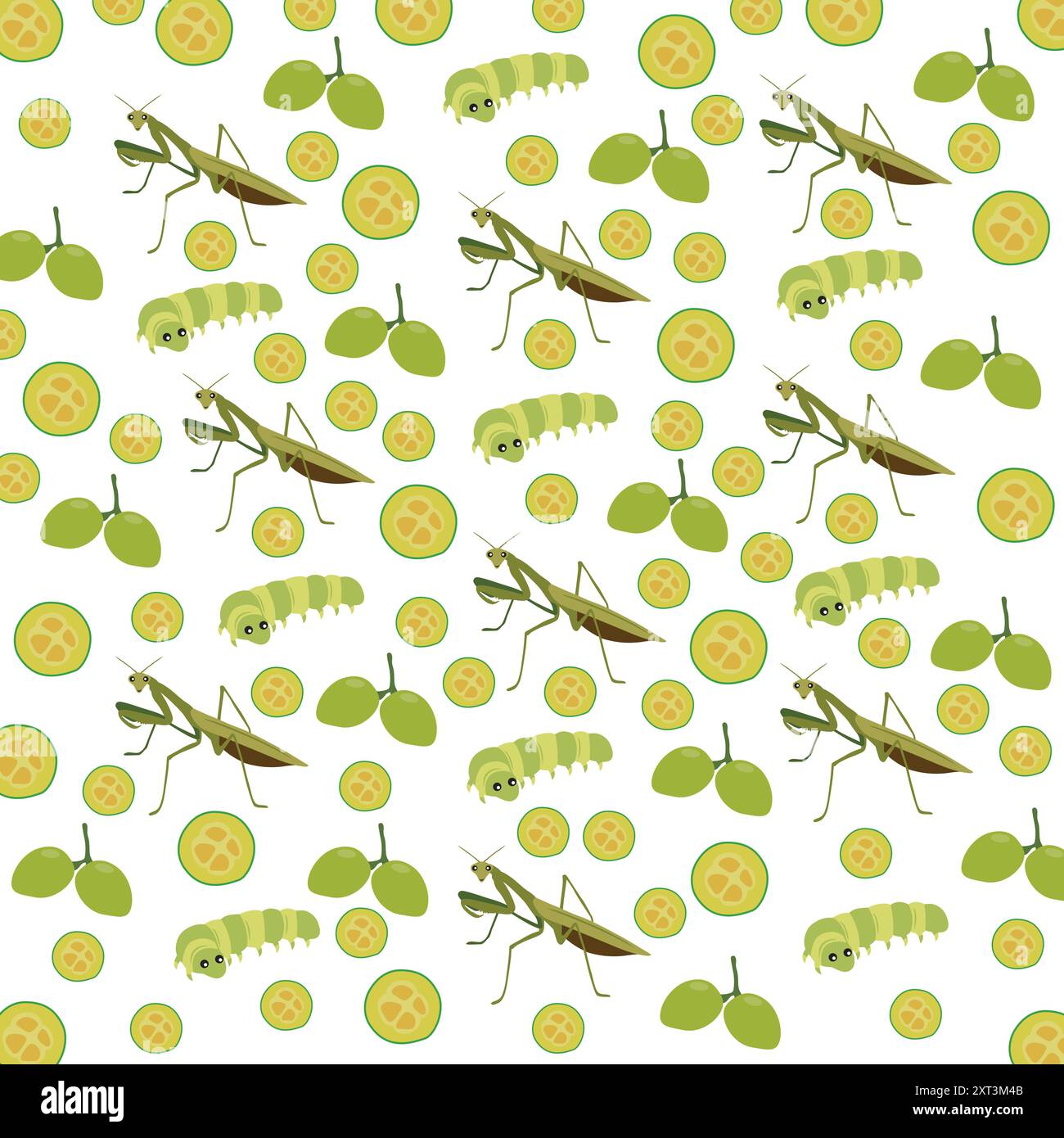 cute caterpillar, praying mantis with fruit as a pattern background ...