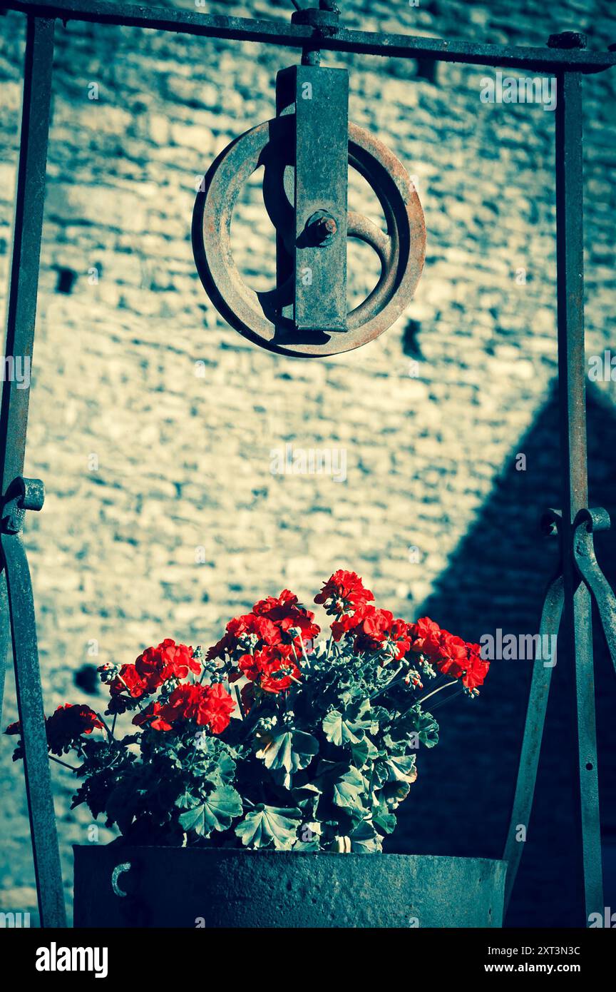 Old rusty water well decorated with geranium flowers and stone wall at ...