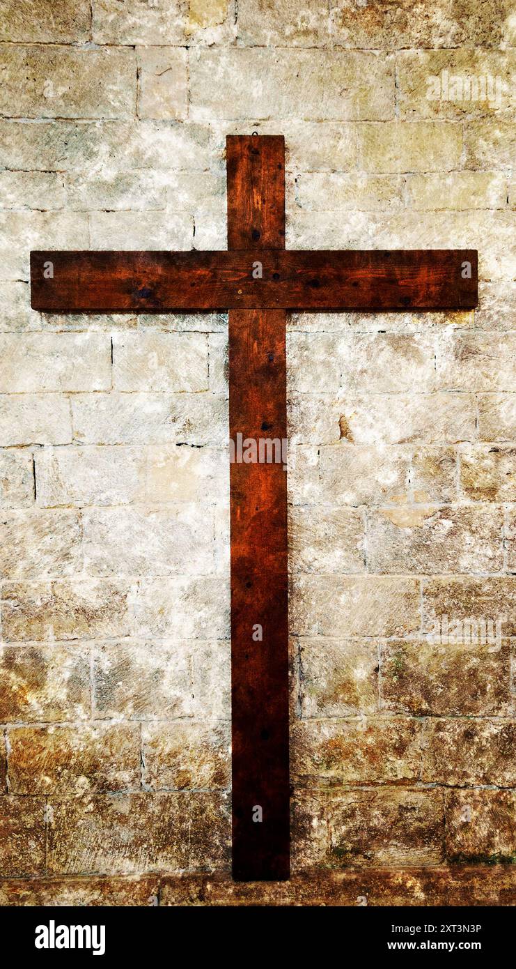 Antique wooden cross on stone brick wall of medieval church. Easter ...