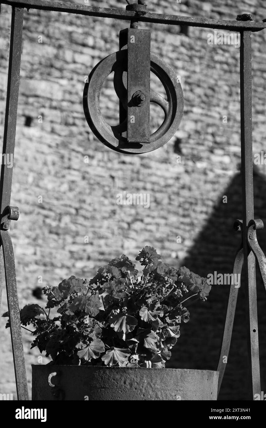 Old rusty water well decorated with geranium flowers and stone wall at ...