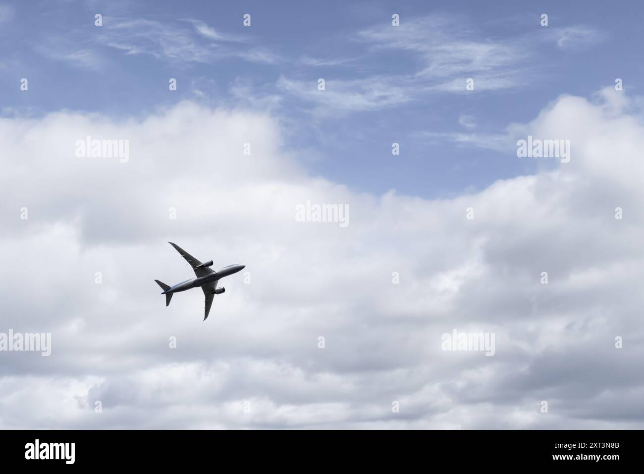 twin engined airliner flying overhead after takeoff and appearing to ...