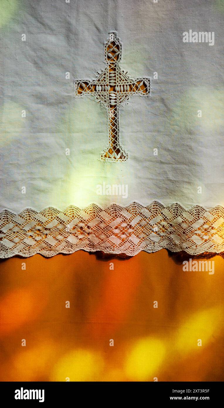 Colorful light spots on the altar cover. Sunlight filtered through the ...