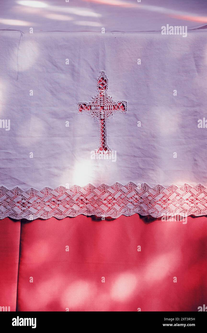 Light spots on the altar cover. Sunlight filtered through the stained ...