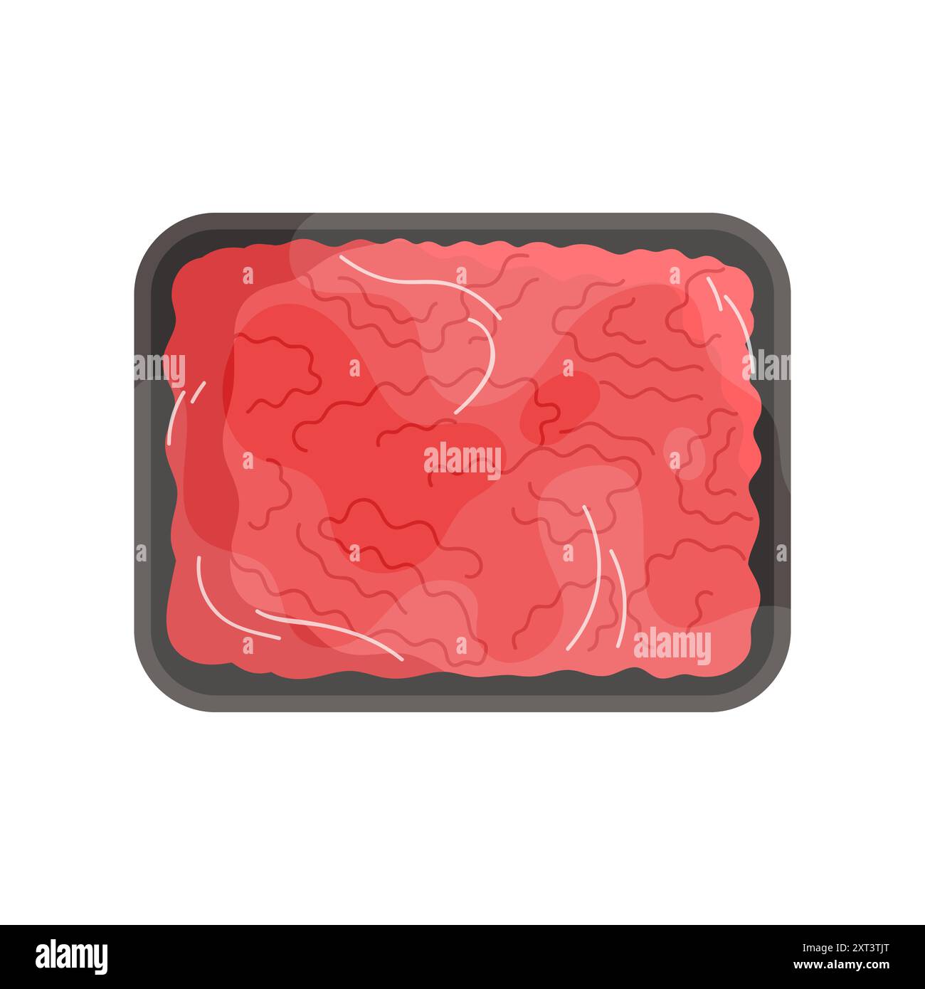 Plastic tray with raw red minced meat, top view of black container ...