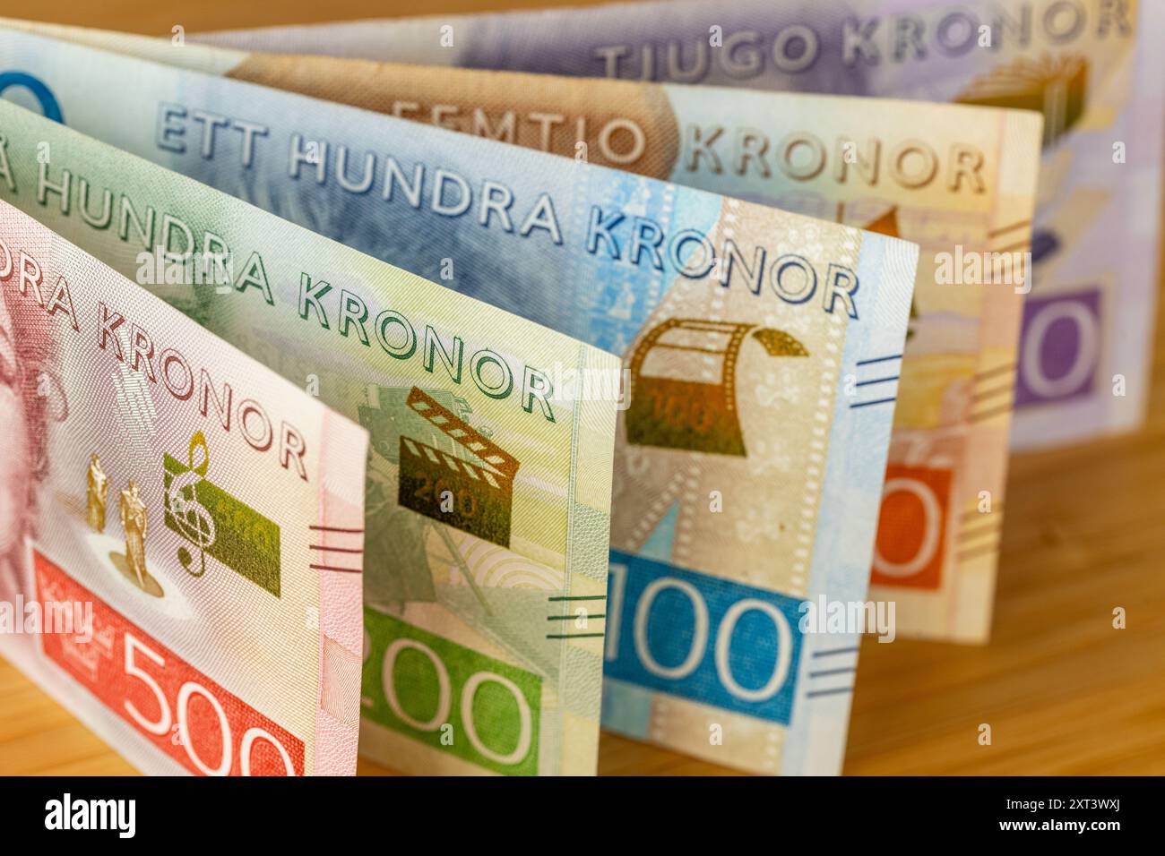 Swedish krona. Financial economic concept. Banknotes arranged by value ...