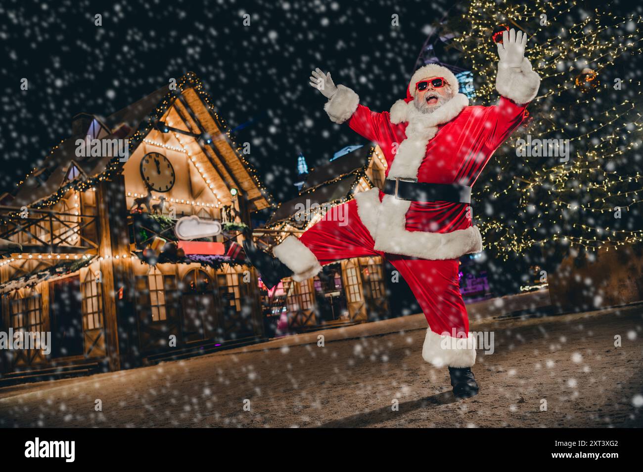 Full length photo of overjoyed grandfather santa enjoy dancing chilling ...