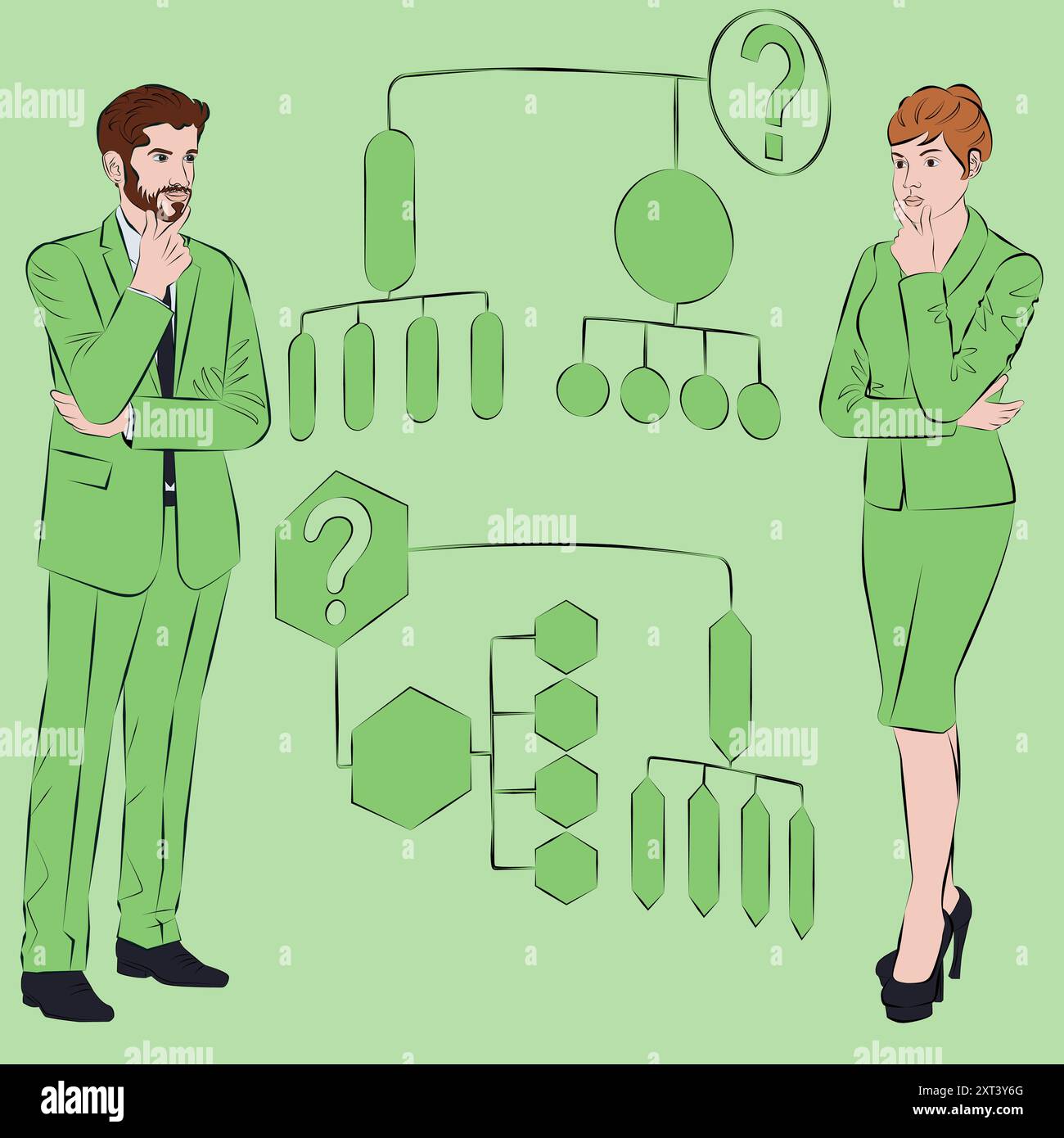 Man and woman identify problems or opportunities in the decision-making process. Business ...