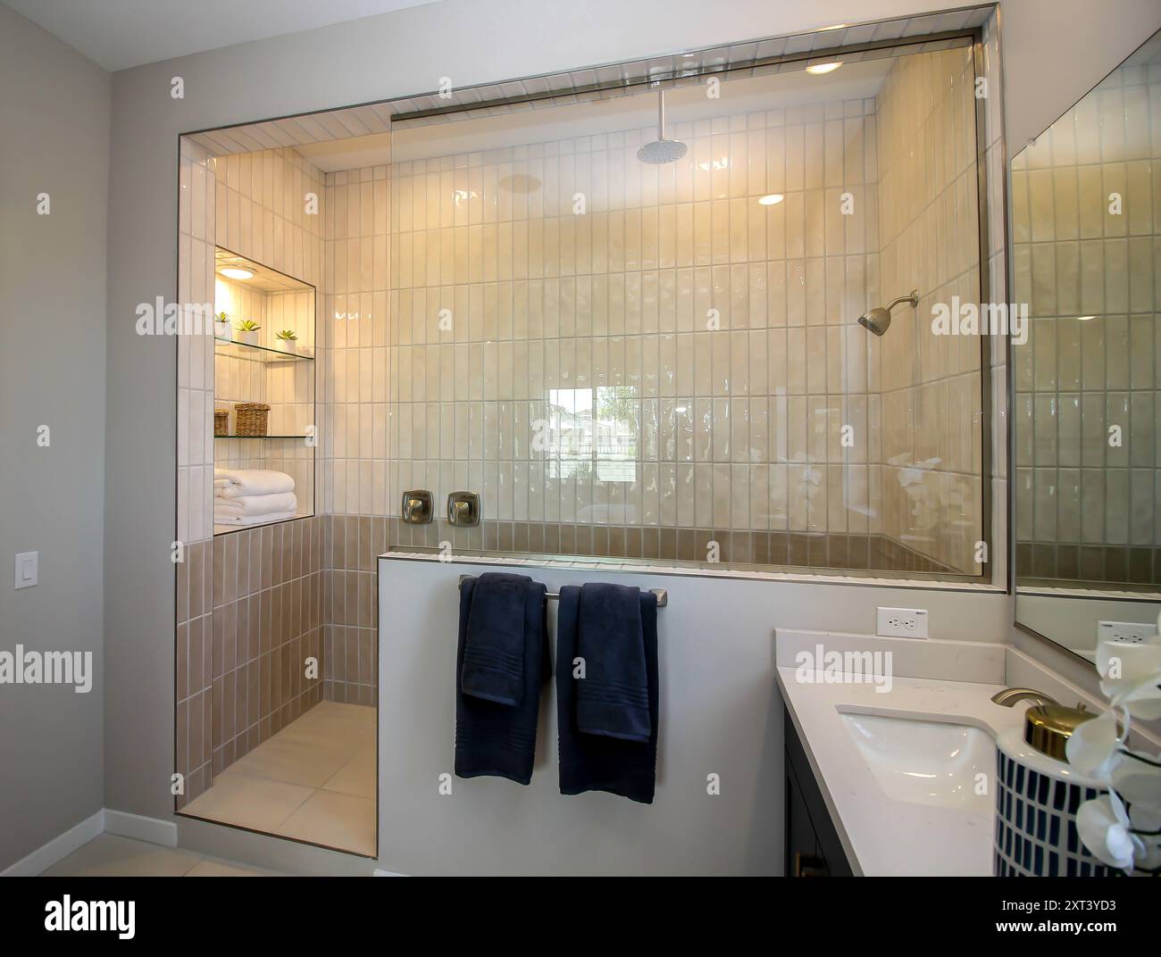 Master Bathroom Glass Walk-In Shower With Two Shower Heads Stock Photo ...