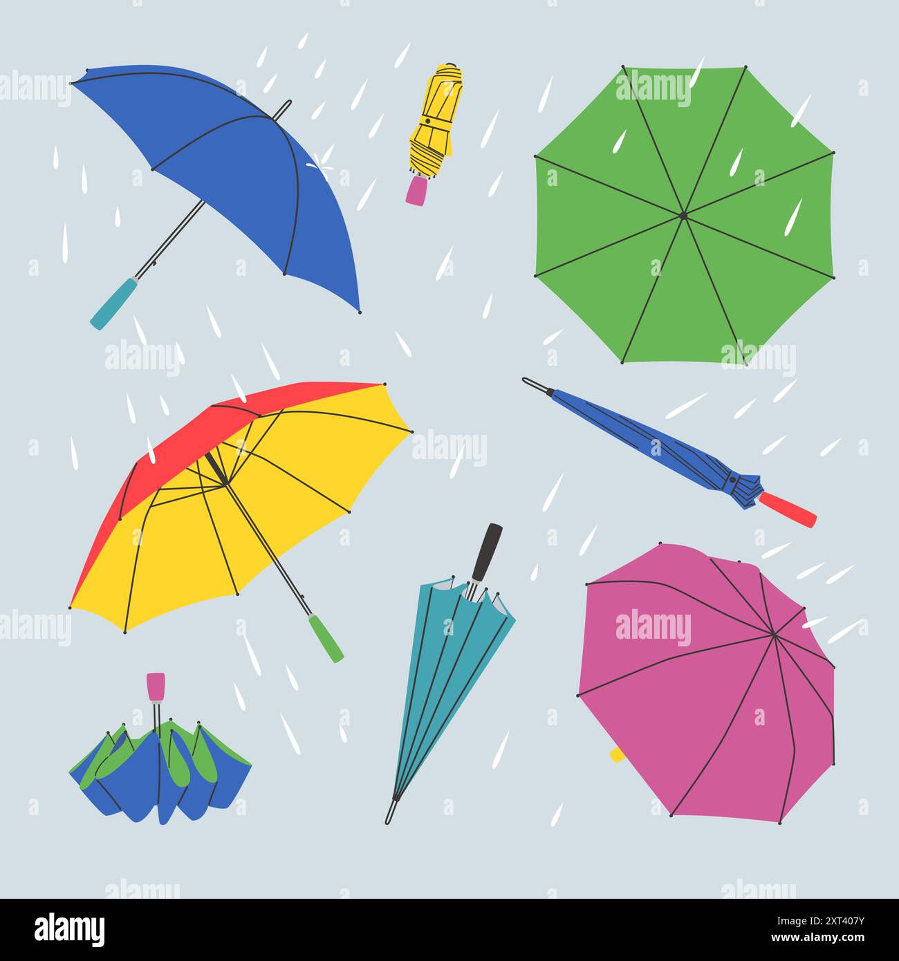 Collection of open and folded umbrellas. Protecting accessories for ...