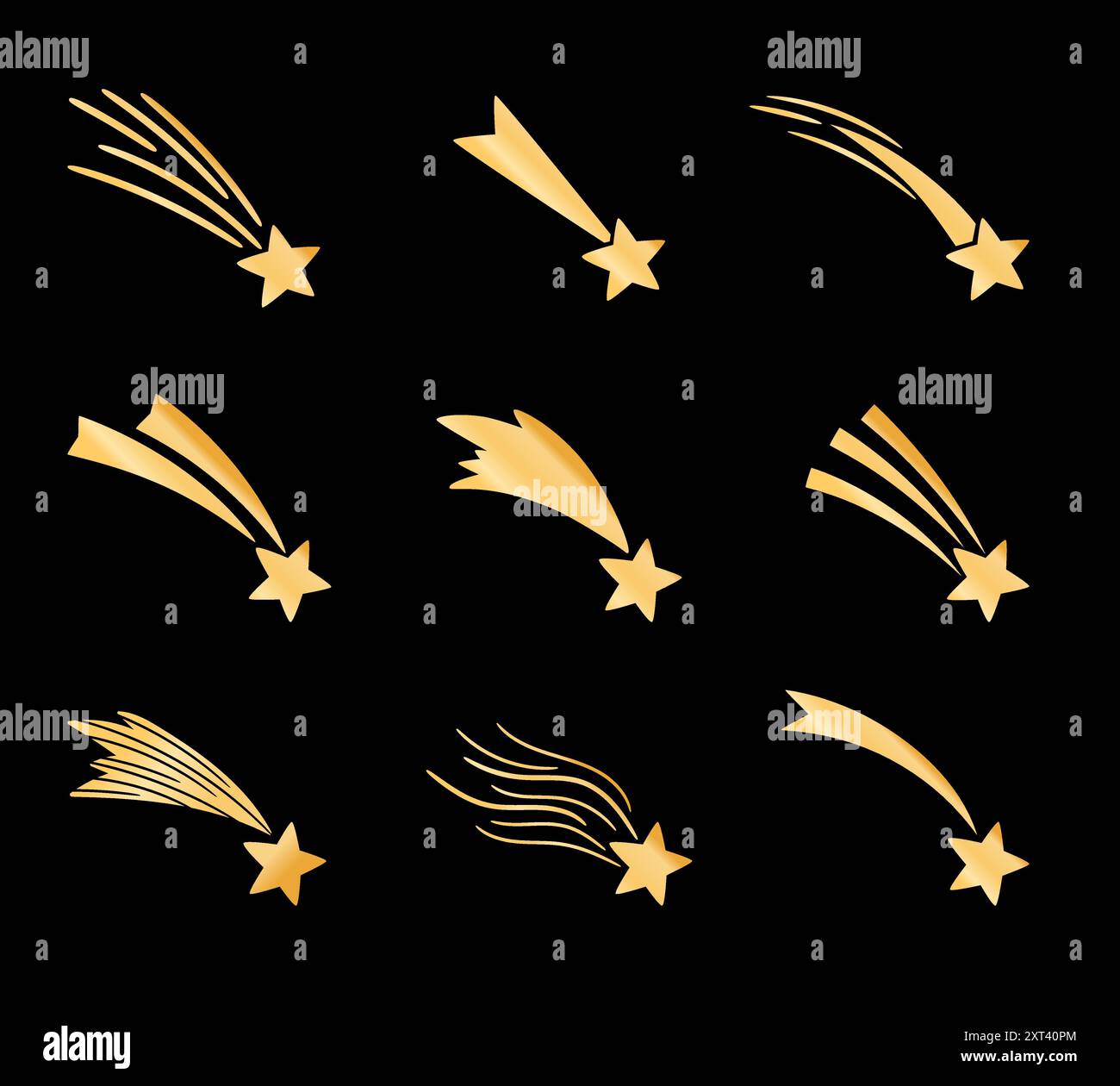 Golden shooting stars with beautiful tails on a black background ...