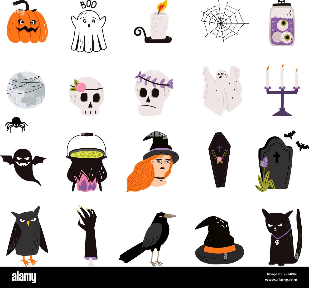 Halloween element set cobweb, skeleton, witchs cauldron funny pumpkin ...