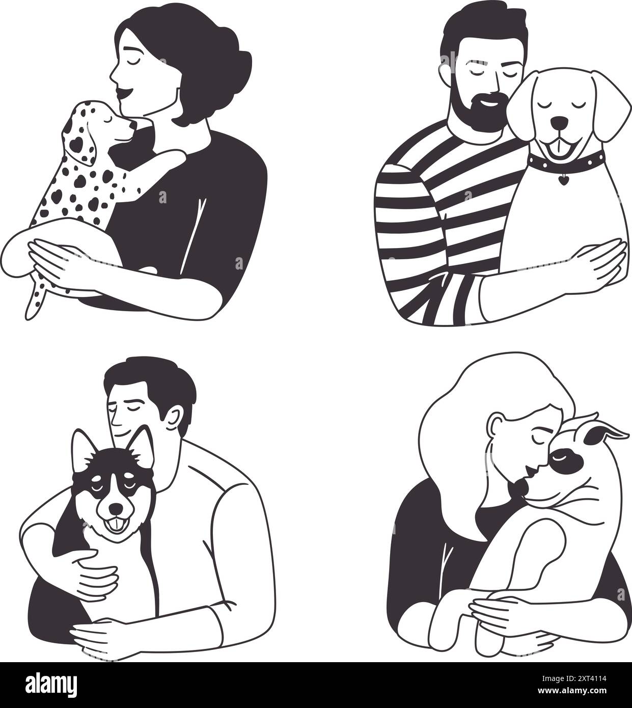 Kind owner hugs dog and puppy. Black and white vector illustration ...