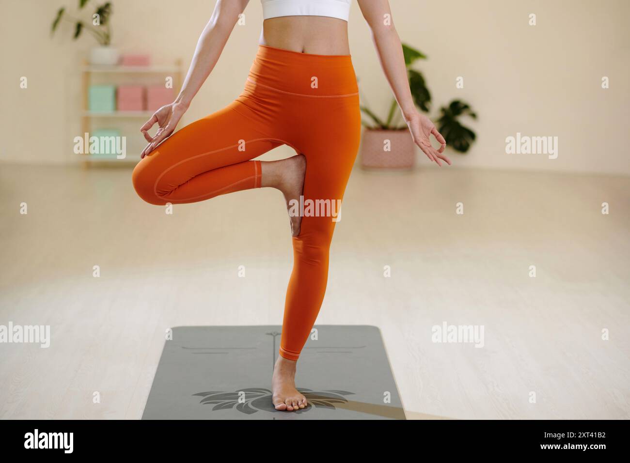 Practicing Yoga in Modern Home Interior Stock Photo - Alamy