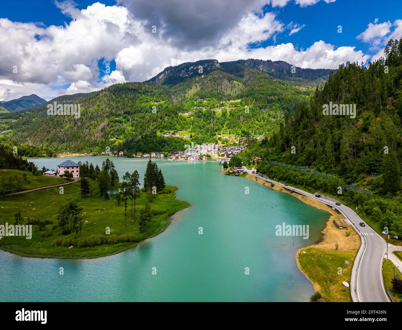 Aerial view of Alleghe village, Lac d'Alleghe, Belluno, Italy Stock ...