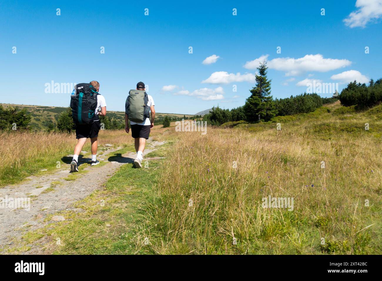 Two young men hiking The Giant Mountains Krkonose National Park Czech ...