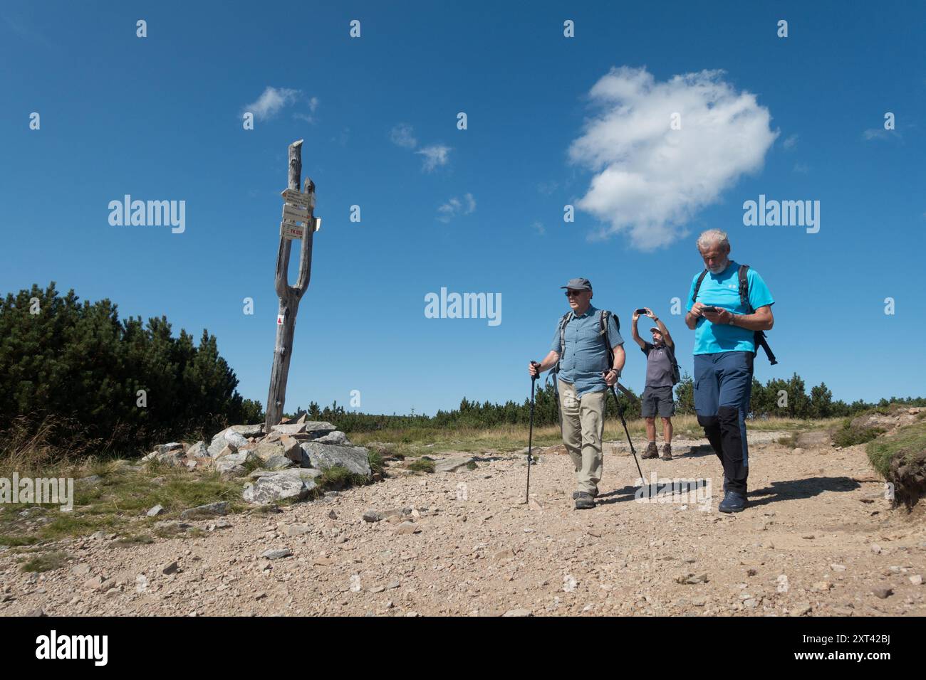 Three men Adult Seniors People Tourists Hiking Giant Mountains Krkonose ...
