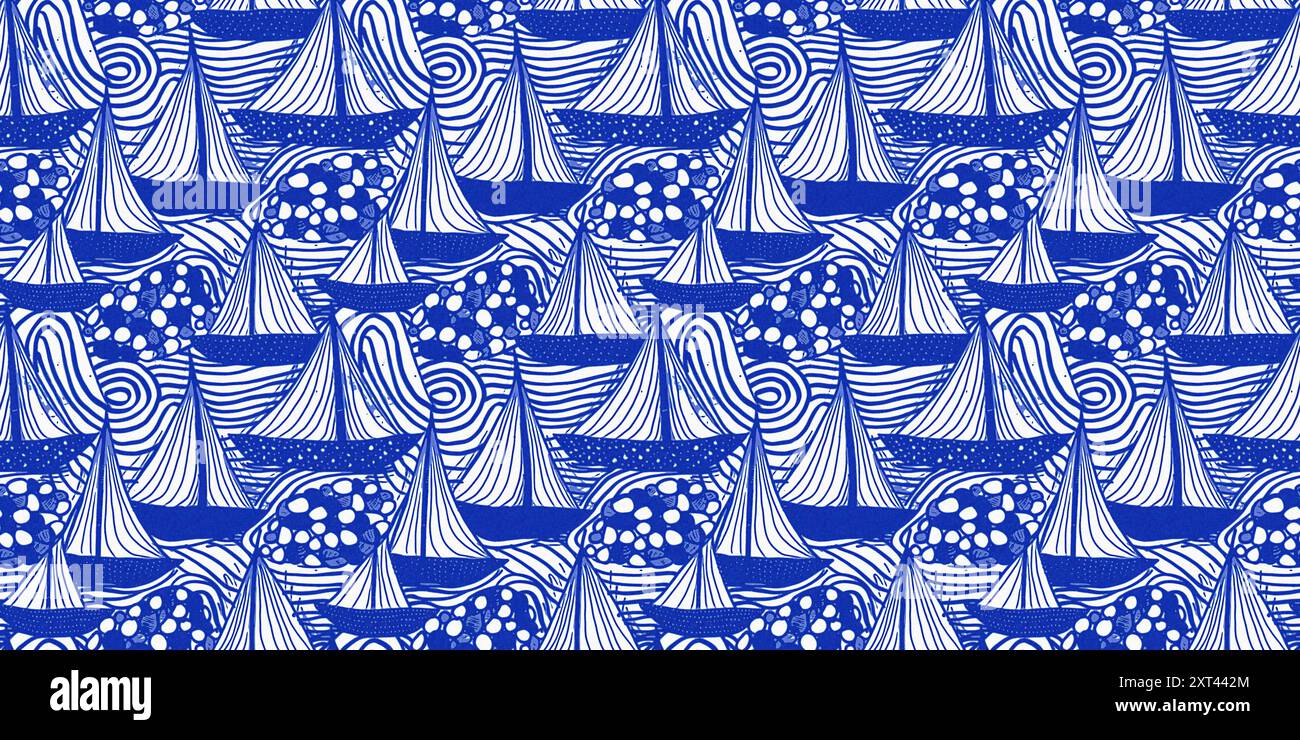 Coastal sail boat in azure ocean blue seamless border background ...