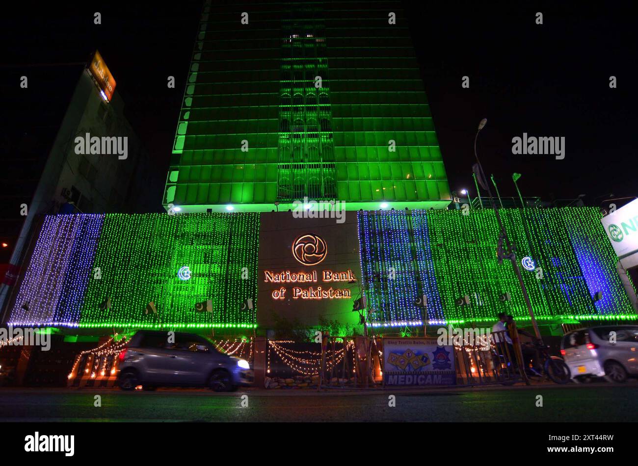 A beautiful illuminated view of National Bank of Pakistan (NBP ...