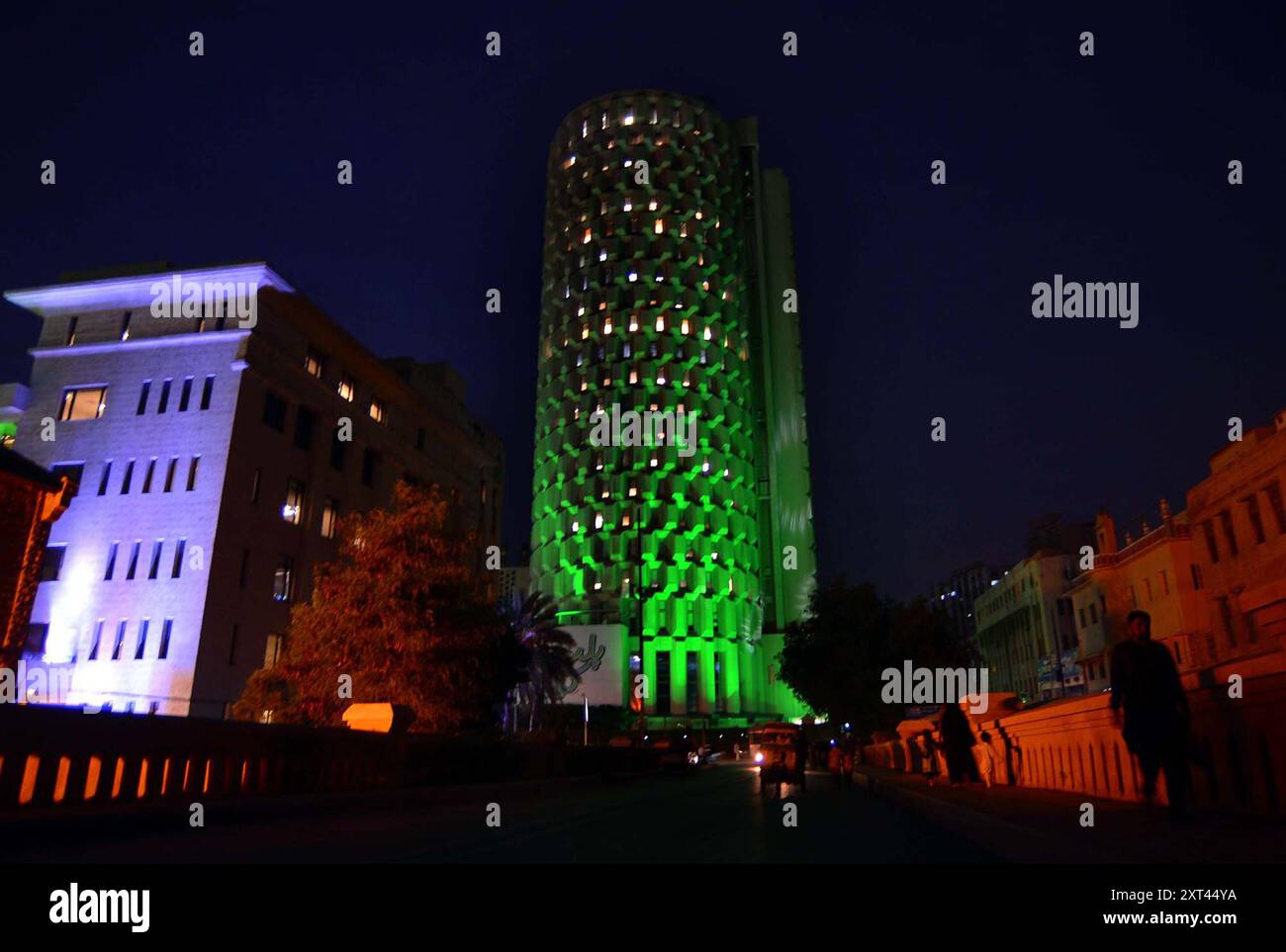 KARACHI, PAKISTAN, AUG 13: A beautiful illuminated view of Habib Bank ...