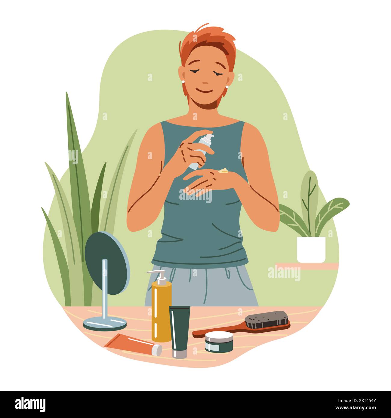 Relaxed woman applying hand cream at dressing table flat color vector ...