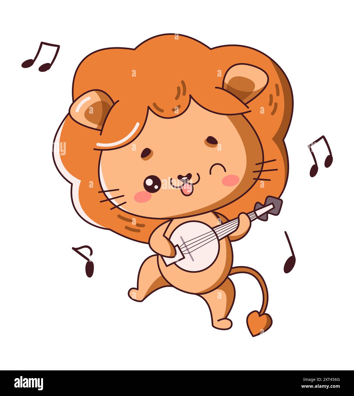 Kawaii lion plays cheerful melody on guitar flat color vector ...