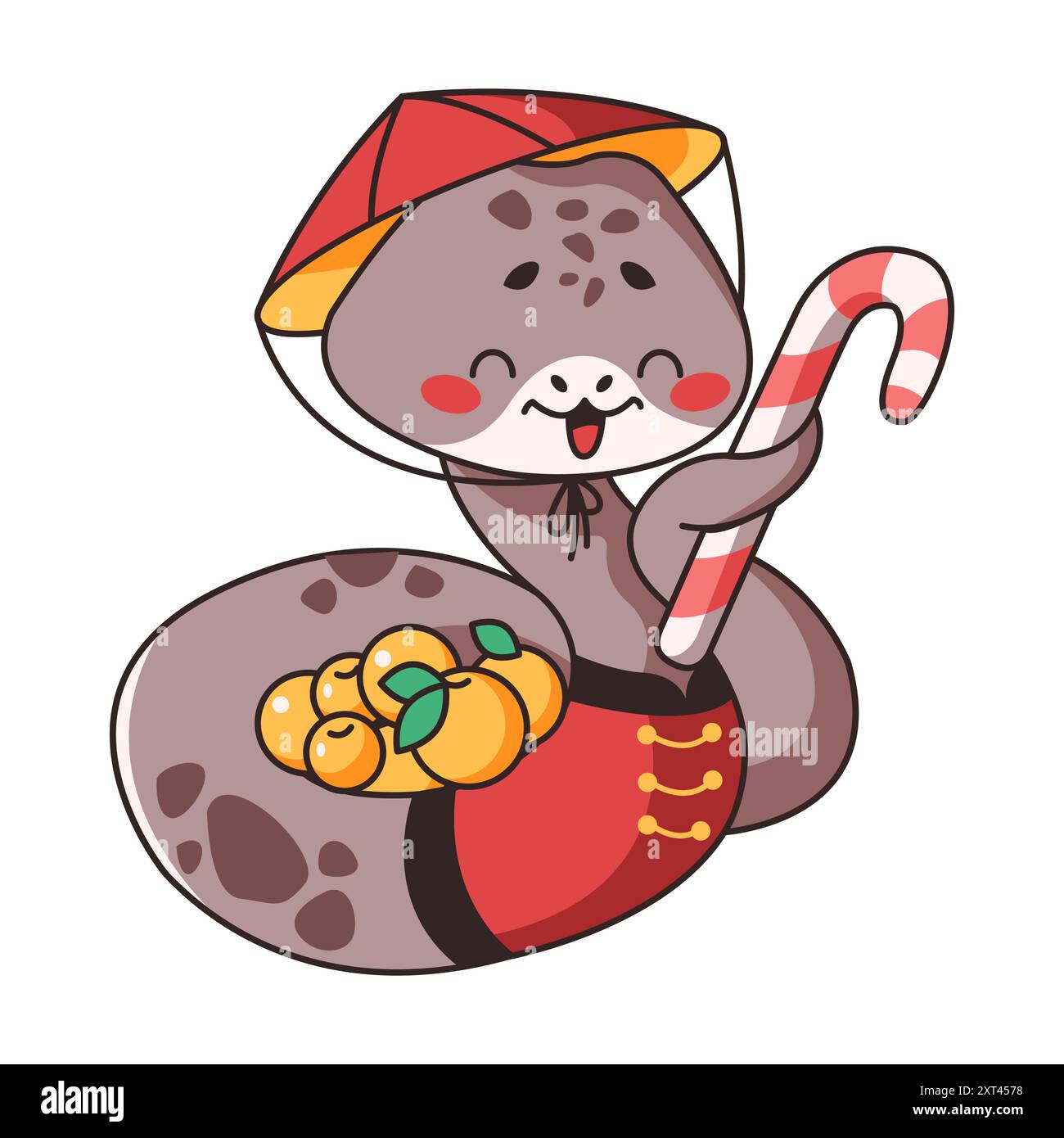 Snake holding lollipop sitting among apples in flat color style. Kawaii ...