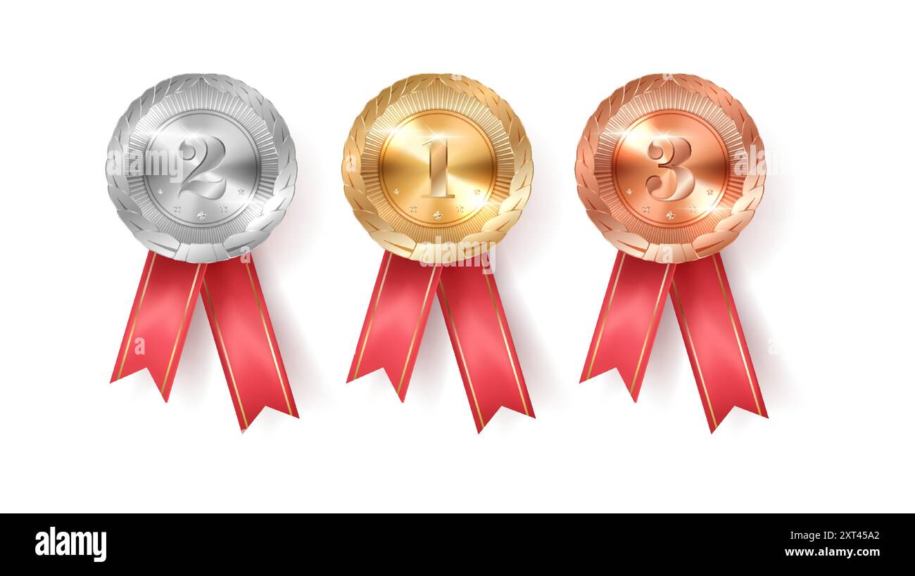Champions medals with silk ribbons realistic vector illustration ...