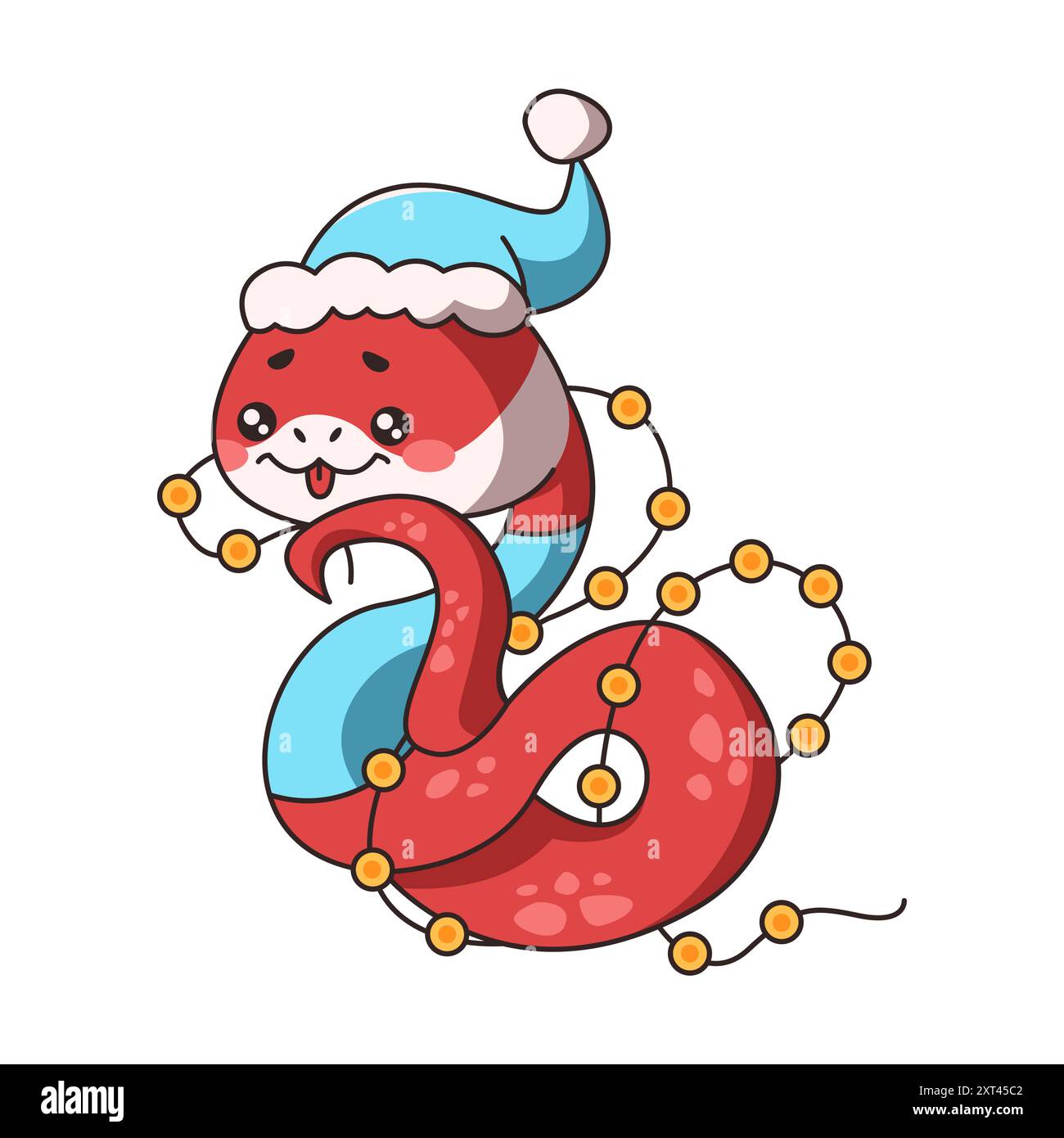 Kawaii Chinese snake adorned with festive garlands flat color image ...