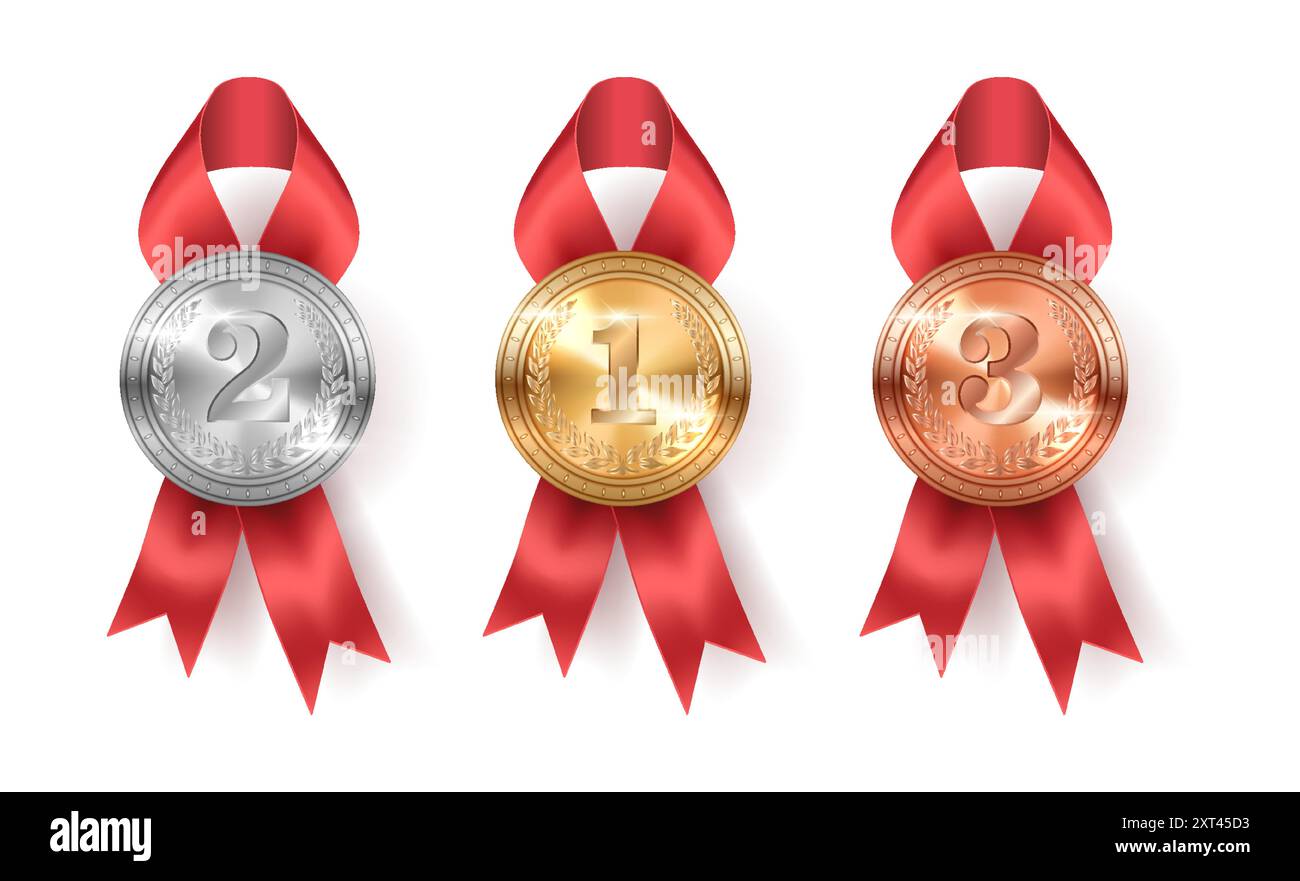 Competition winner medals with ribbons and bows realistic vector ...