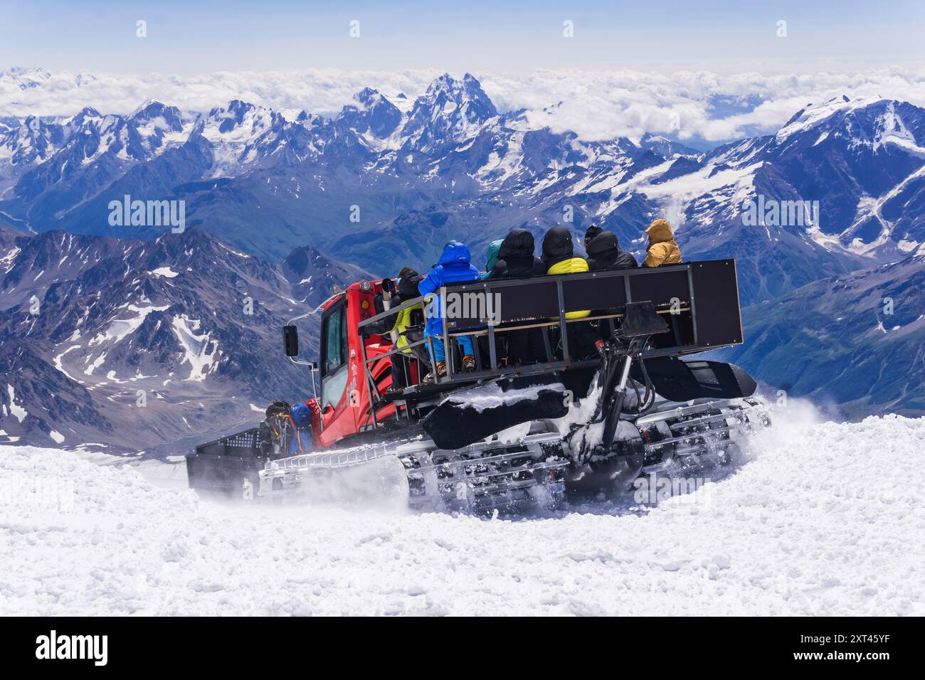 Elbrus, Russia - August 02, 2024: transporting climbers by snowcat when ...