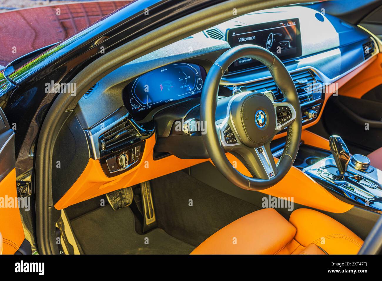 Close-up view of interior of new BMW i4 M series electric car with ...