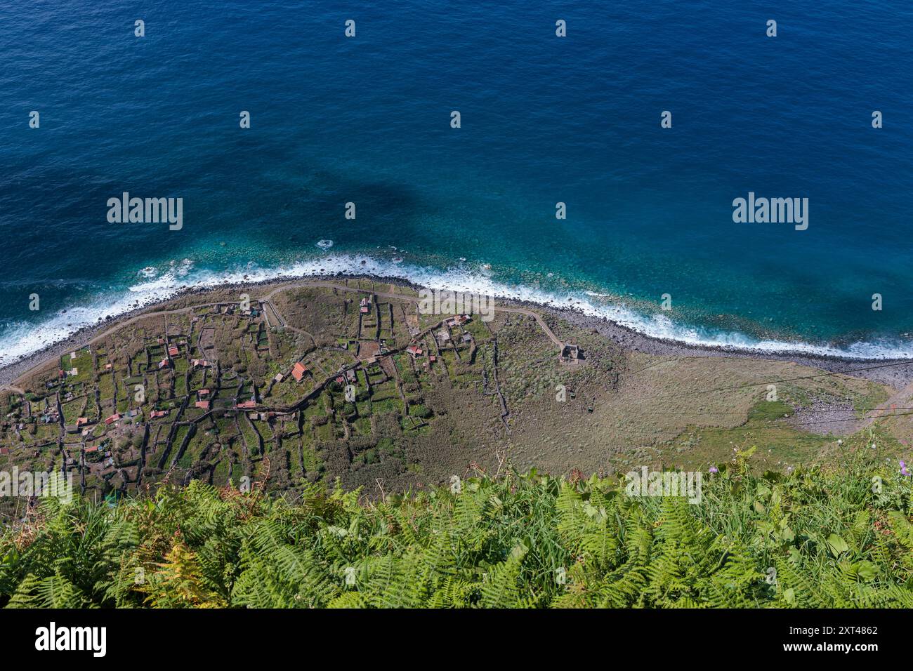 View from the upper station of the cable car to the village of Achadas ...