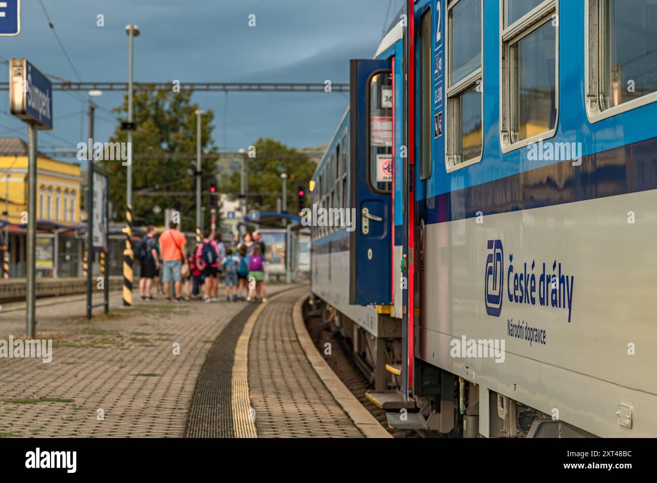 Sunny summer evening in Moravia on railway station with trains in ...