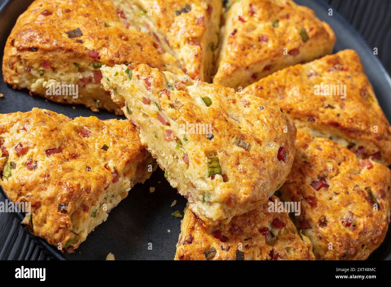 Ham and cheese triangle american scones on platter, close-up, dutch ...