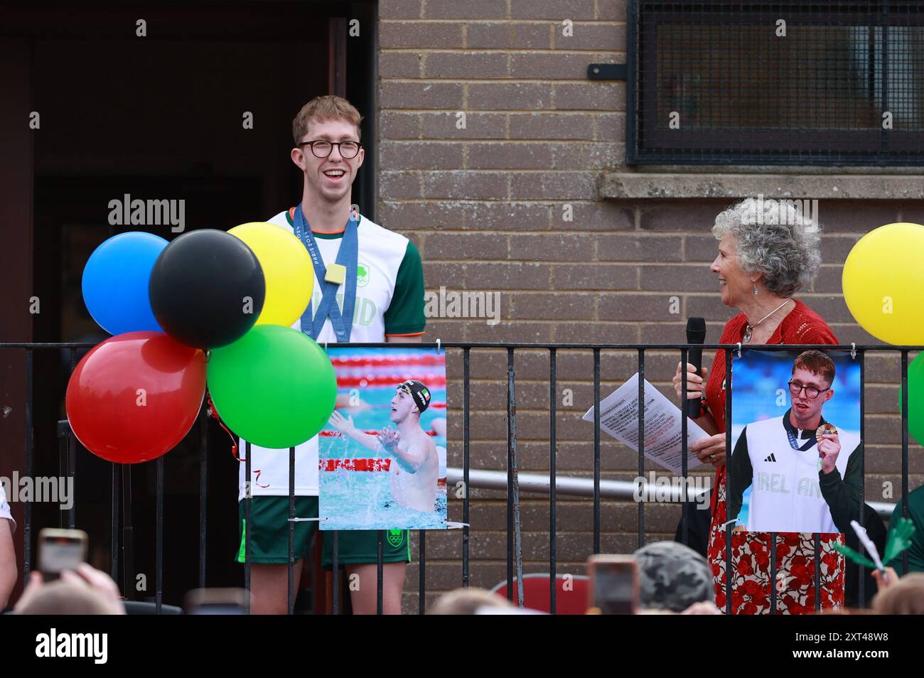 Gold and bronze medal winning swimmer Daniel Wiffen is introduced by ...
